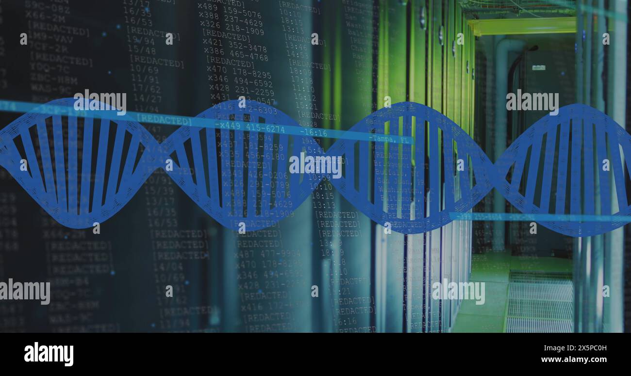 Image of data processing and dna strand over server room Stock Photo - Alamy