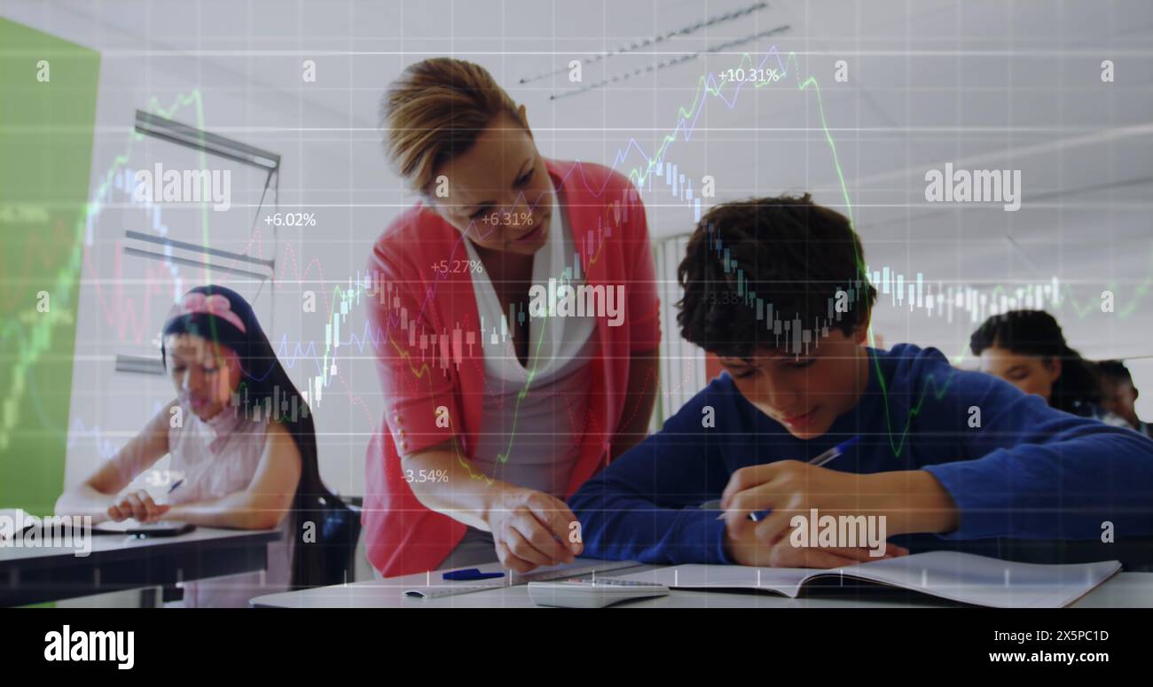 Image of data processing over caucasian female teacher with students ...