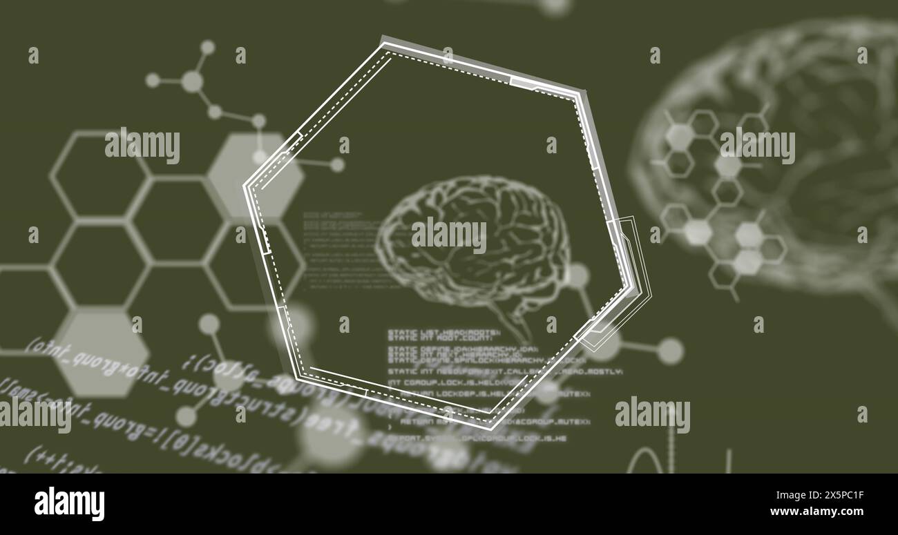 A digital brain and hexagonal shapes float over green background with code Stock Photo - Alamy
