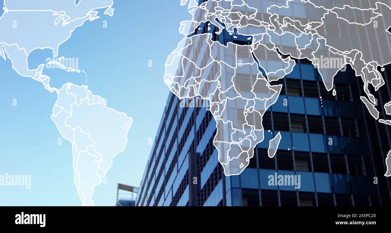 Image of world map over city Stock Photo - Alamy