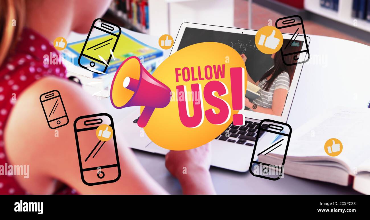 Image of follow us over hands of caucasian girl having online lessons ...