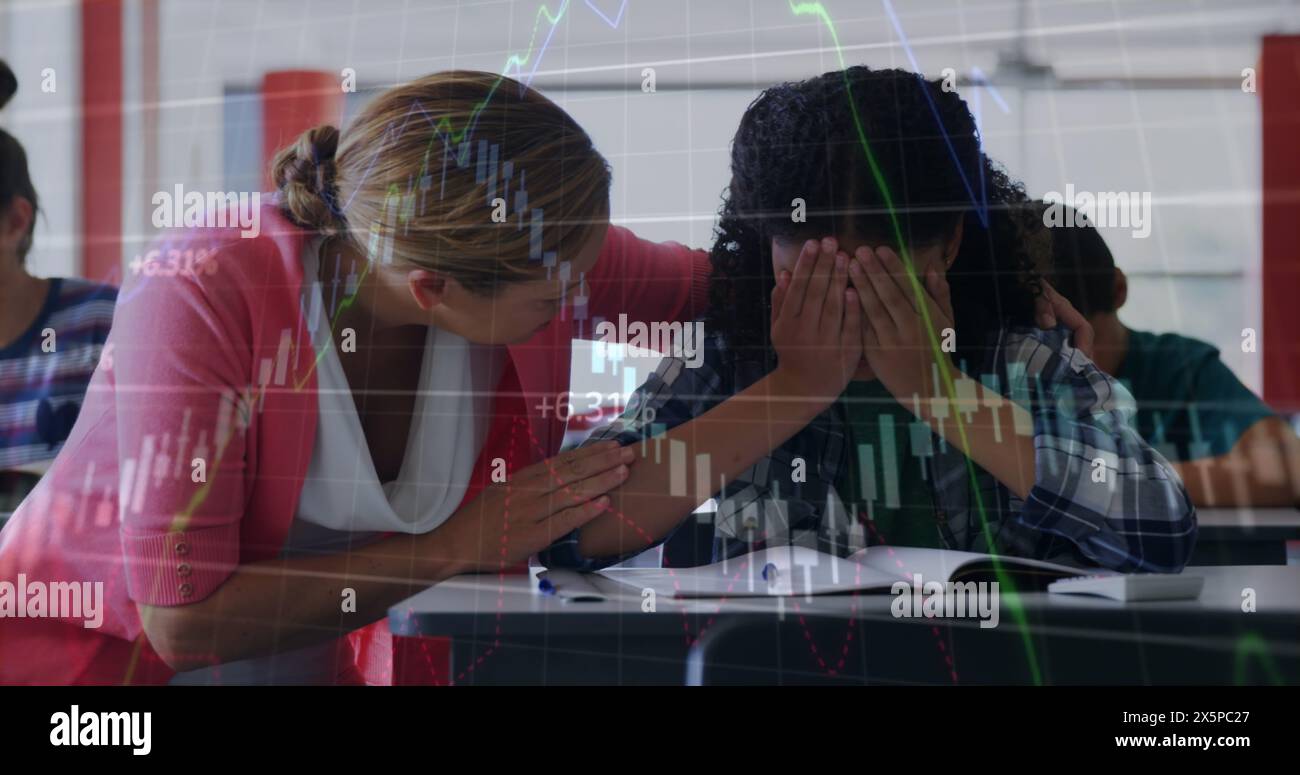 Image of data processing over caucasian female teacher with sad african ...