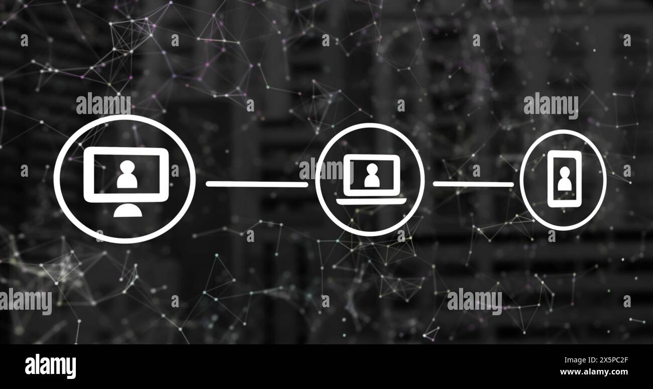 Image of network of connections and icons over dark background Stock ...