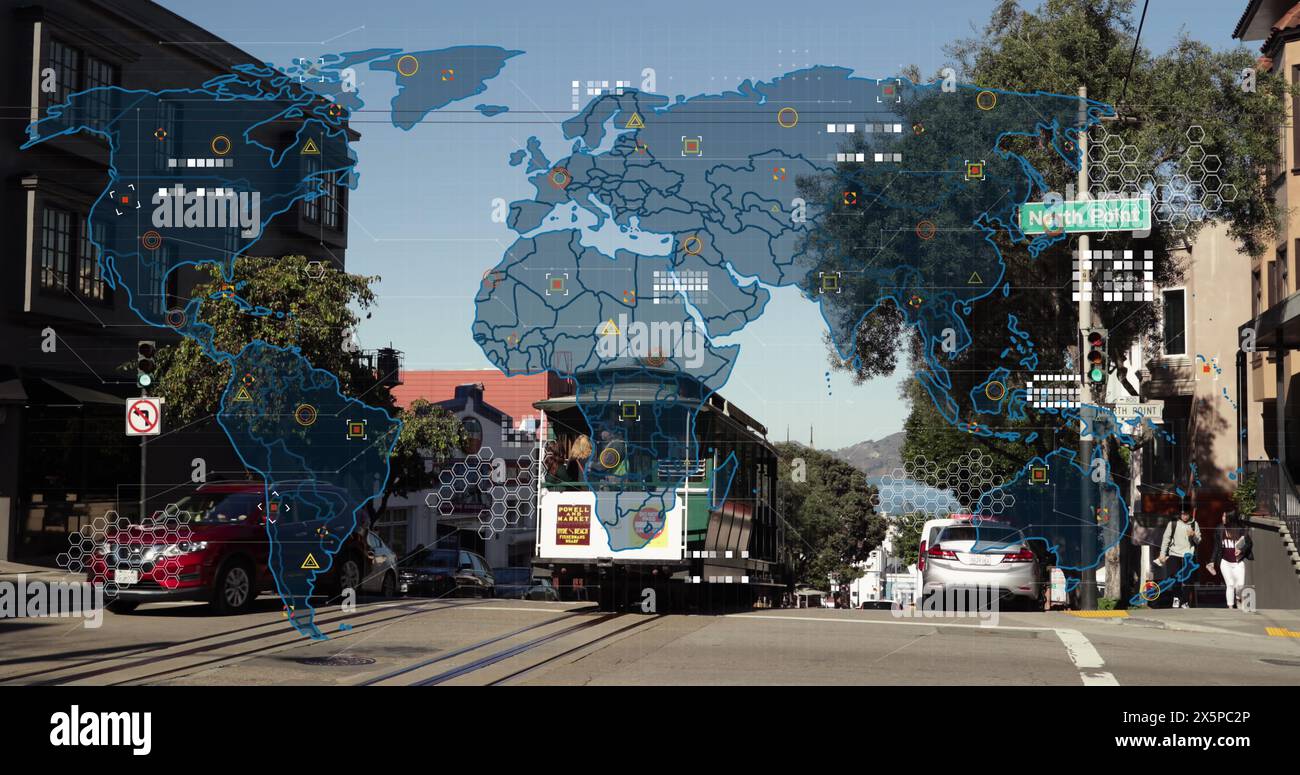 Data processing over world map against city traffic Stock Photo - Alamy