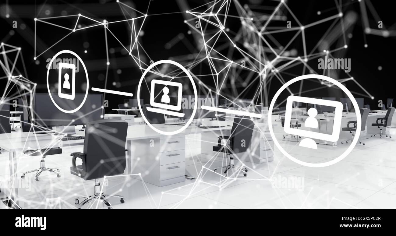 Image of media icons and communication network over chairs and tables ...