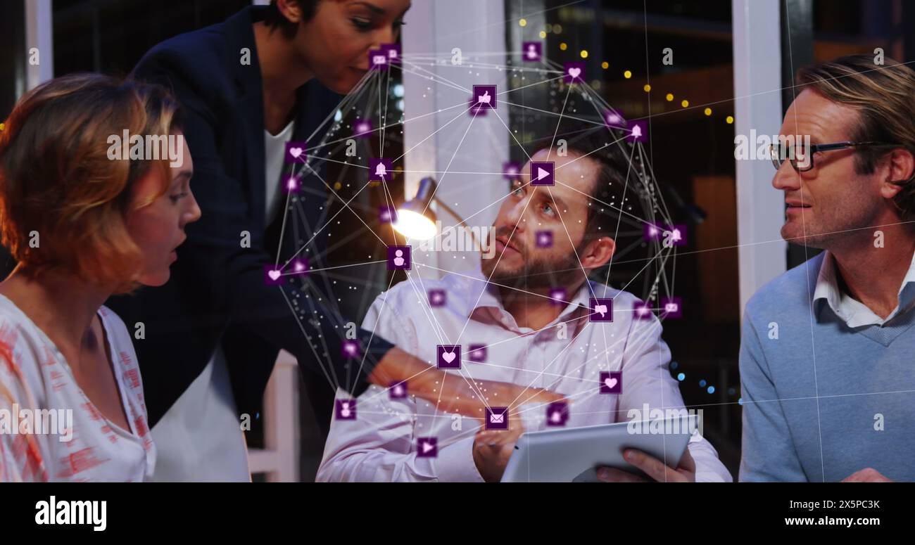 Image of data processing over diverse business people talking Stock ...