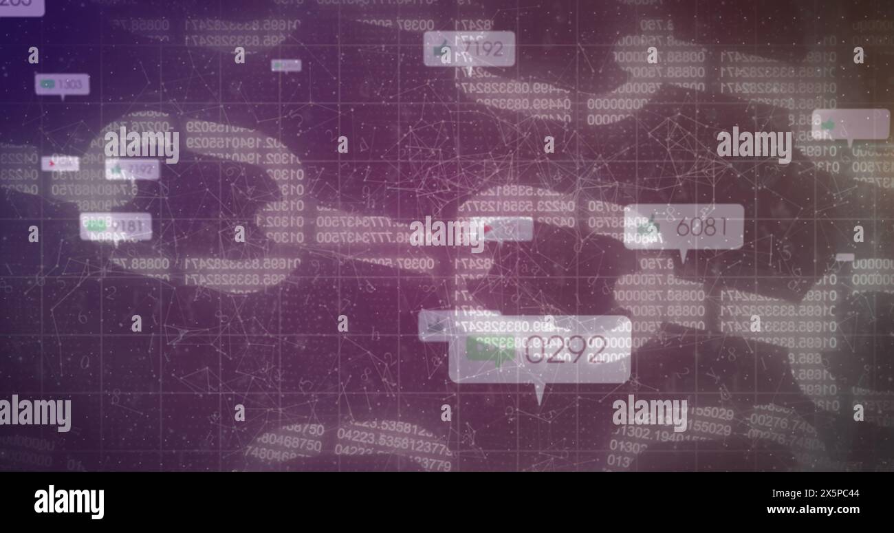 Digital image of neon shapes and speech bubbles against security chain ...