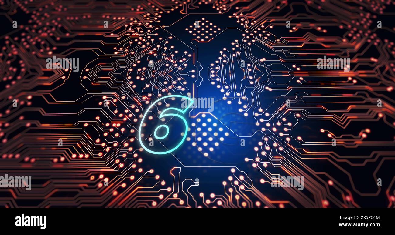 Digital image of 6g text against microprocessor connections on blue background Stock Photo - Alamy