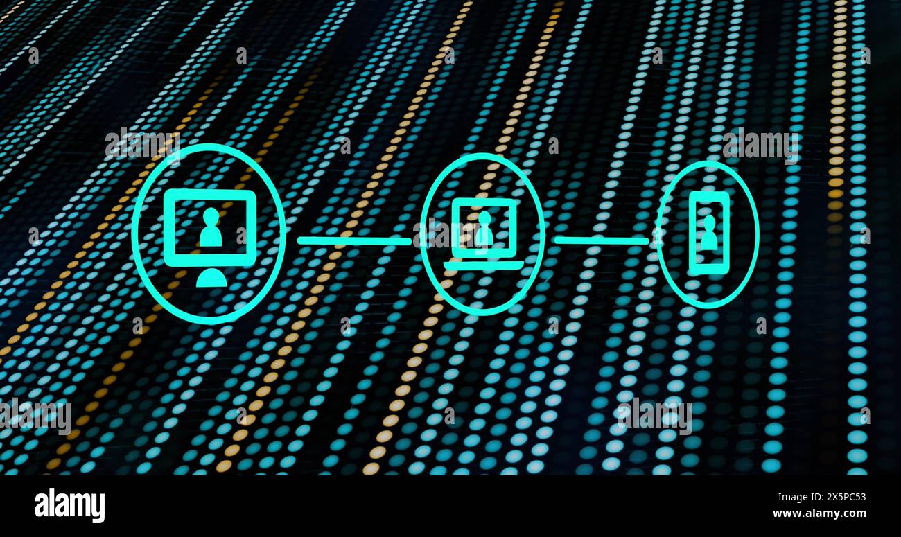 Image of connections with icons over dots moving on black background ...