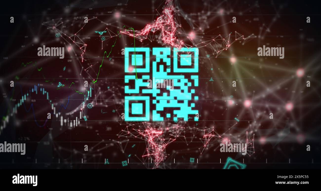 Image of network of connections and qr code over dark background Stock ...