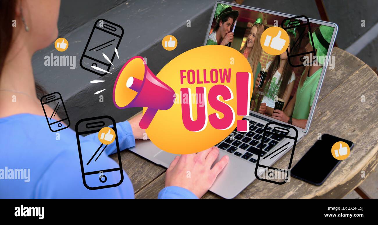 Image of fallow us text and falling smartphones over caucasian women ...