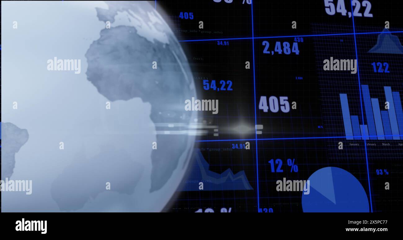 Image of globe, graphs and numbers on black background Stock Photo - Alamy
