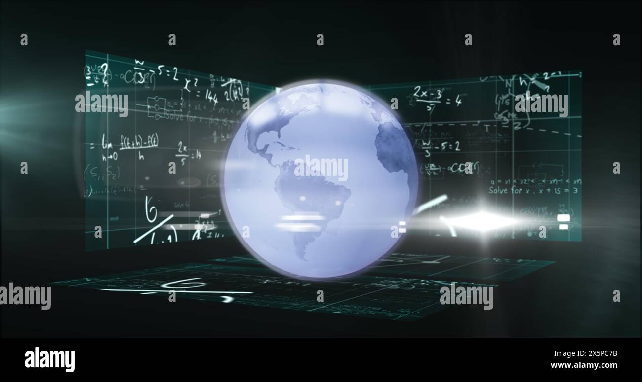 Image of math formulas over globe and digital screens on black ...