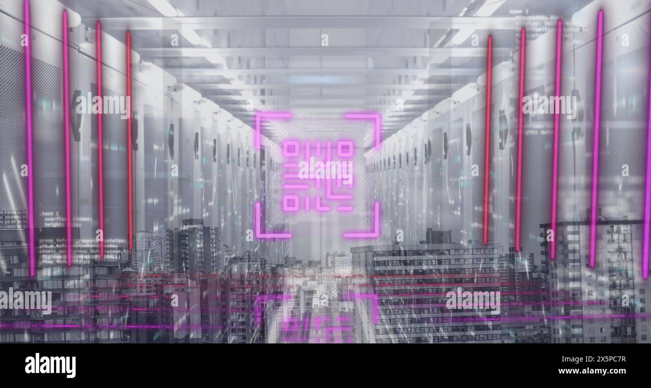 Image of qr code with data processing on digital interface against server room Stock Photo - Alamy