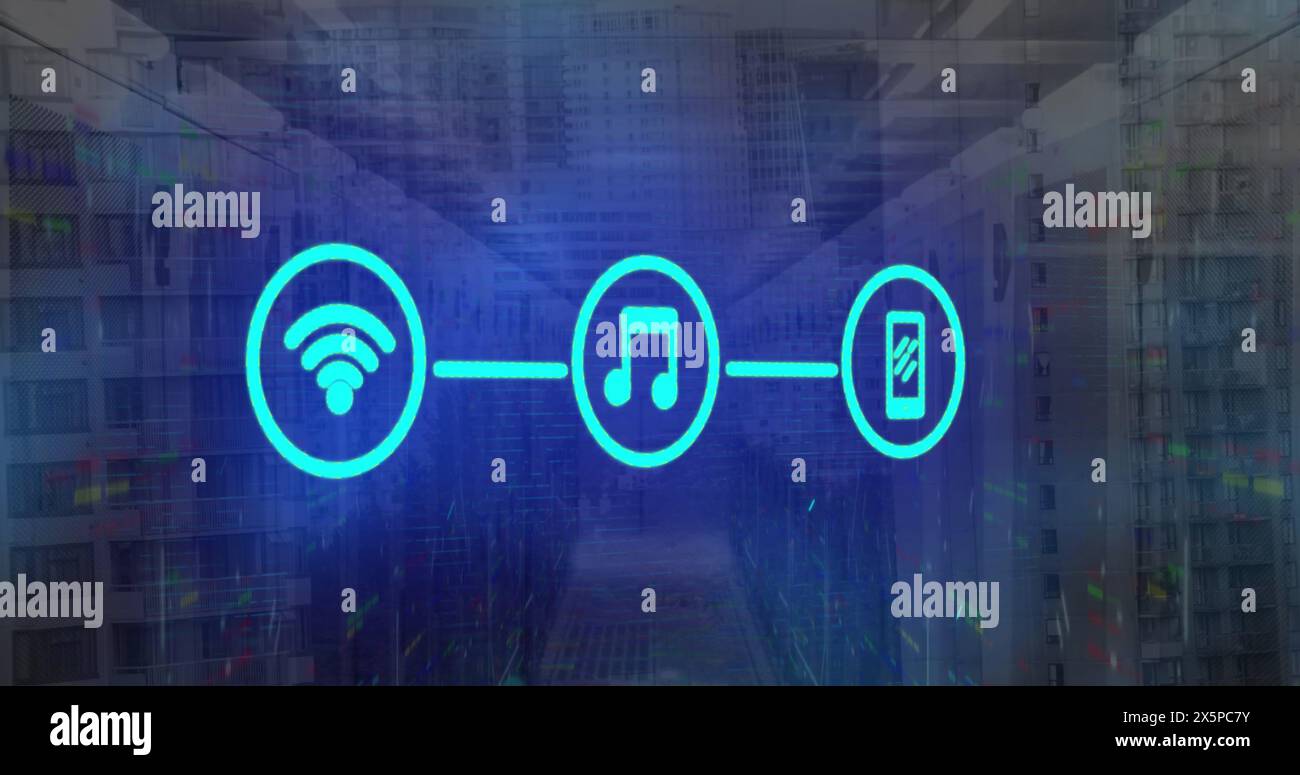 Image of blue network, music, mobile phone icons on digital interface ...