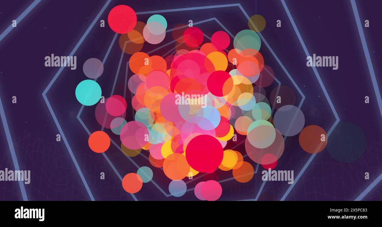 Image of colorful spots of light over hexagonal tunnel in seamless pattern on blue background ...