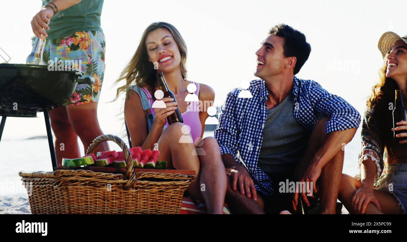 Image of social media users over happy diverse friends having party on ...