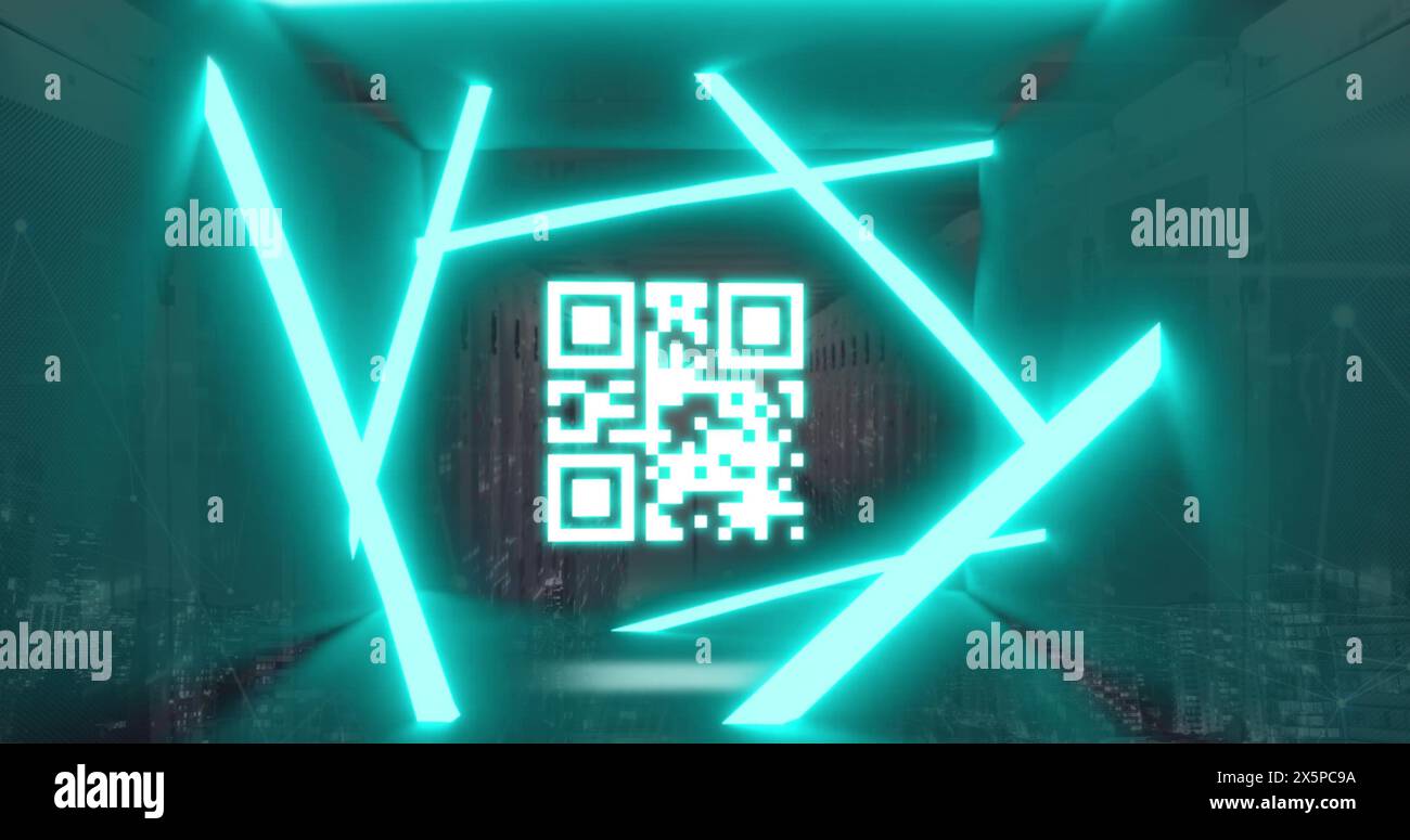 Image of blue neon lines with qr code, data processing against server room Stock Photo - Alamy