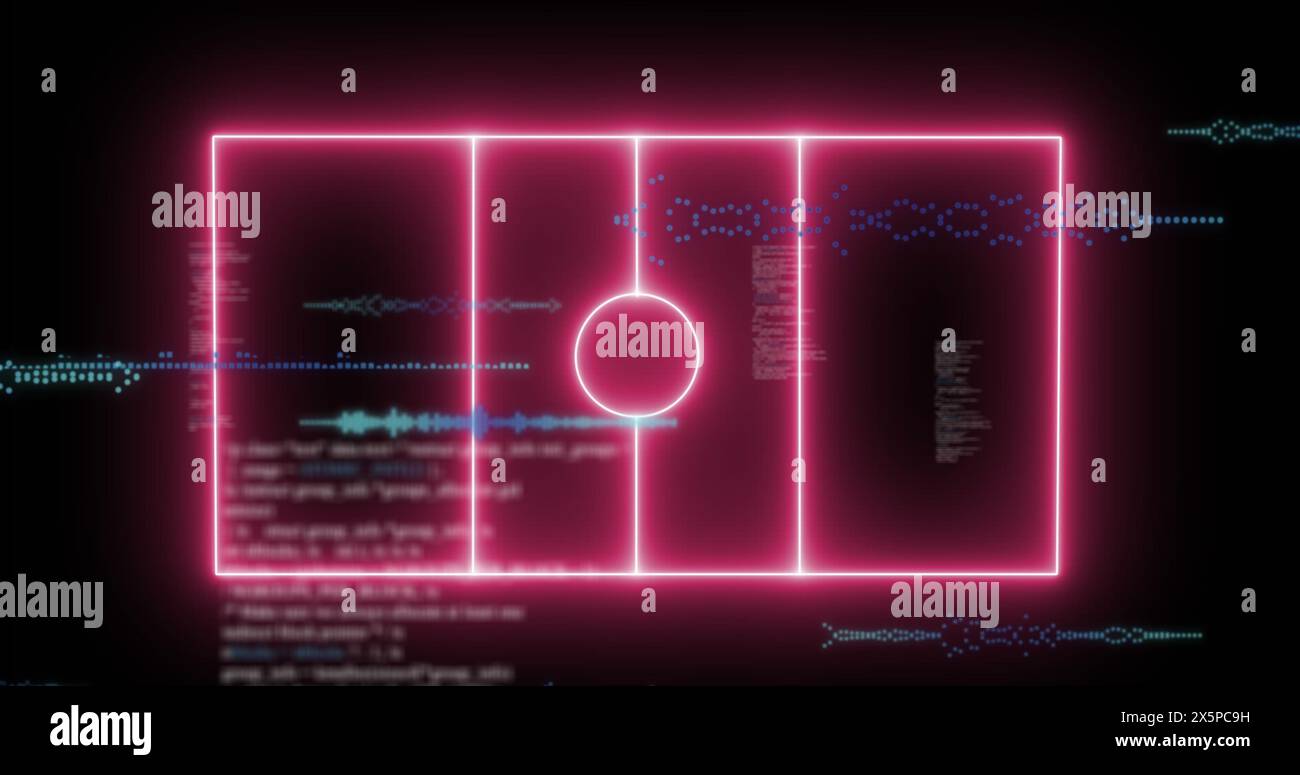 Image of computer graphic 3d neon soccer field over data processing on ...