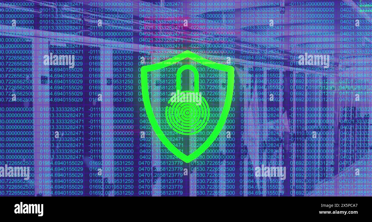 Image of data processing and padlock over server room Stock Photo - Alamy
