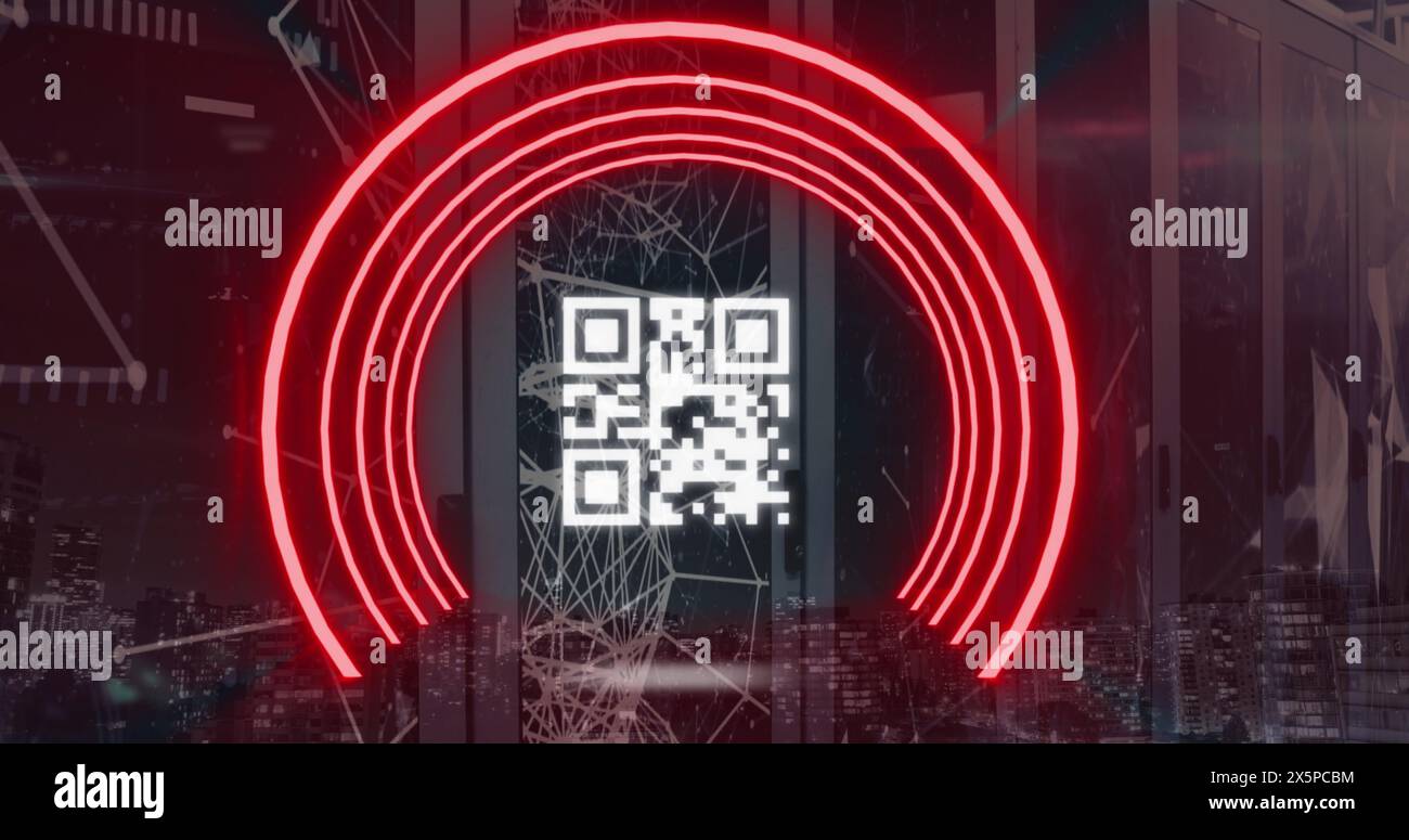 Image of red semi circles with qr code, network connection against ...