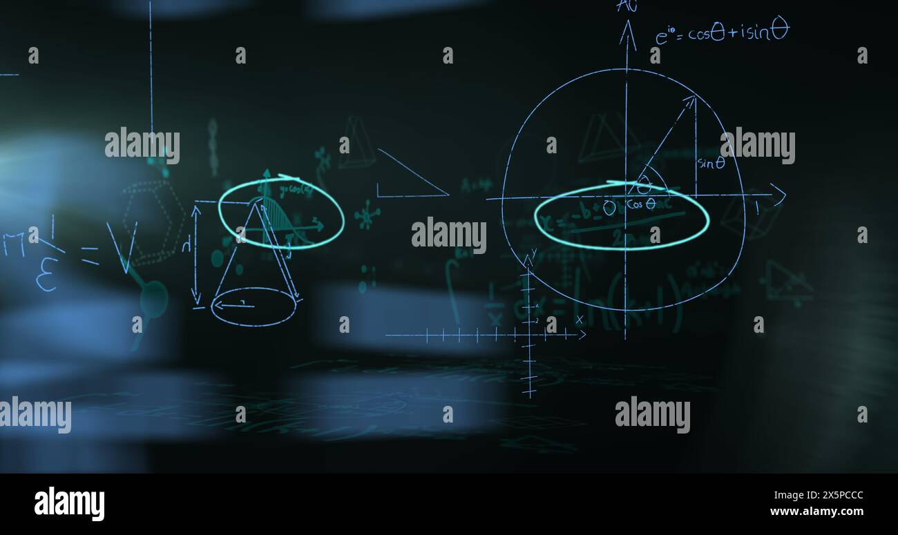 Image of light trails over mathematical equations on black background ...