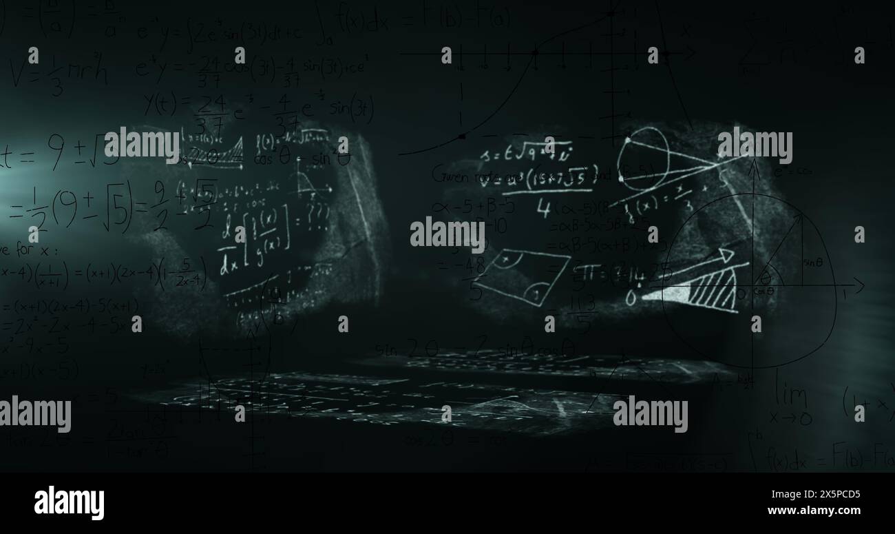 Image of light trails over mathematical equations on black background ...