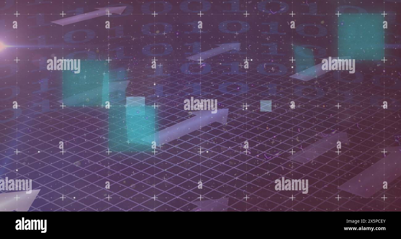 Image of multicolored glitch technique, square, arrows and circle over binary codes Stock Photo ...