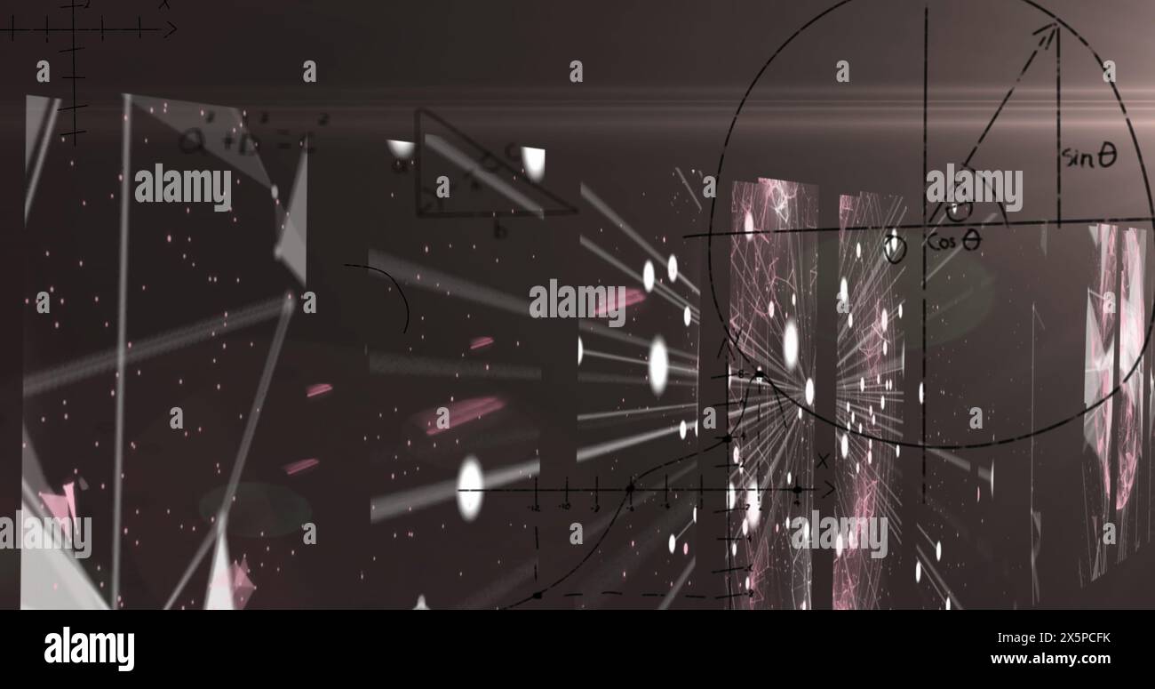 Image of light trails over mathematical equations on black background ...