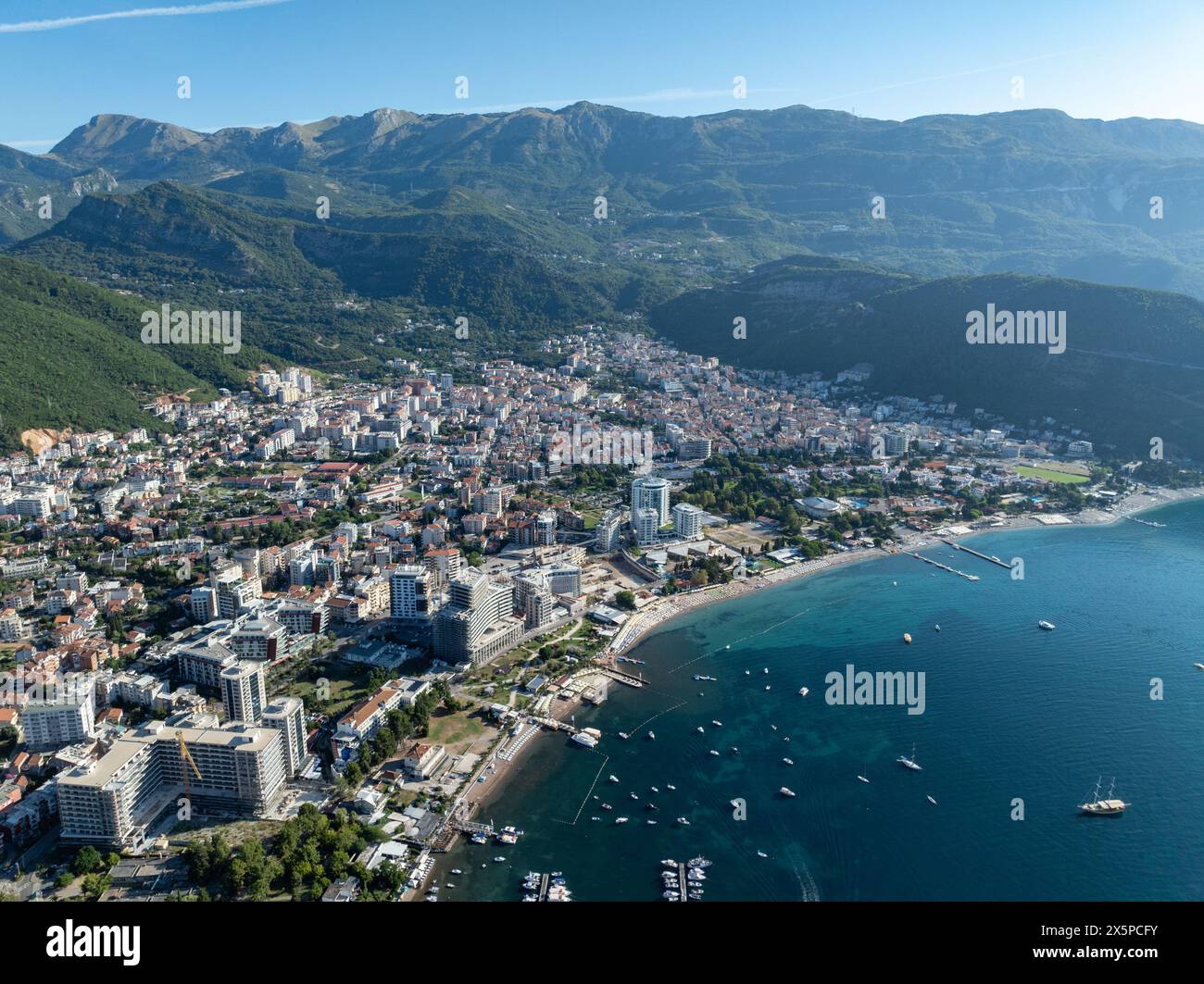 Aerial view of the old town in Budva in a beautiful summer day ...
