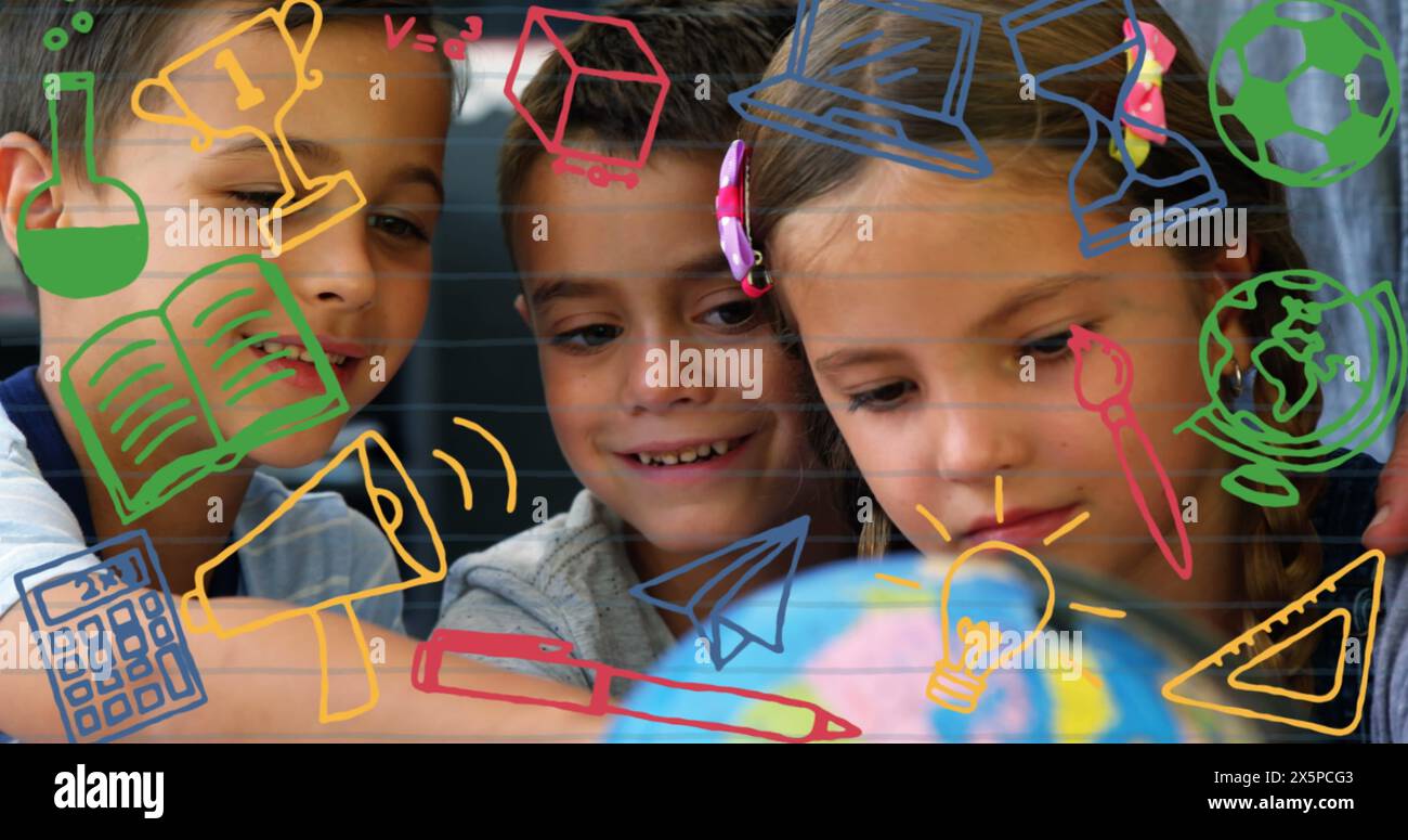 Image of school concept icons over diverse students studying with globe ...