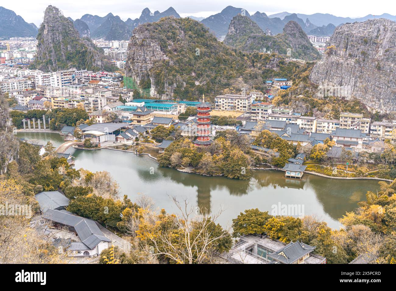 Scenic view of Mulong lake and Guilin city from top of Diecai Mountain ...