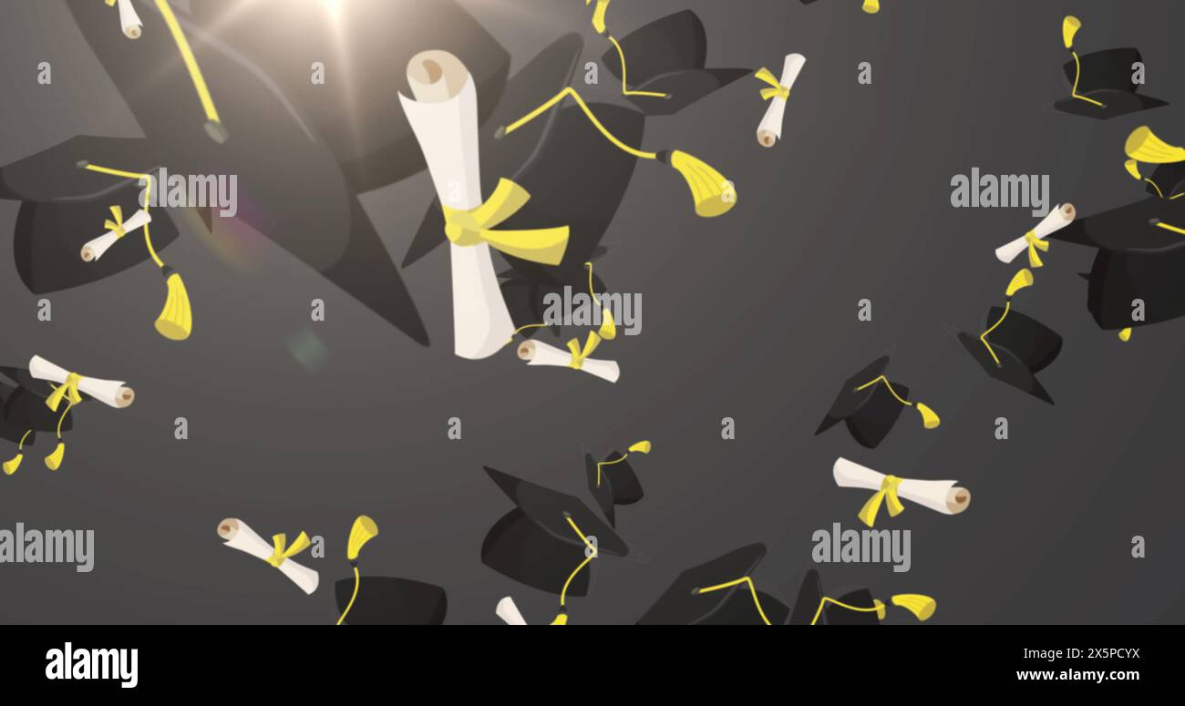Graduation caps and diplomas are falling from above Stock Photo - Alamy