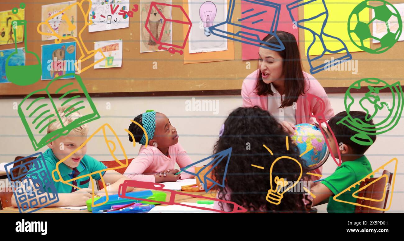 Image of school icons over diverse schoolchildren with teacher smiling ...