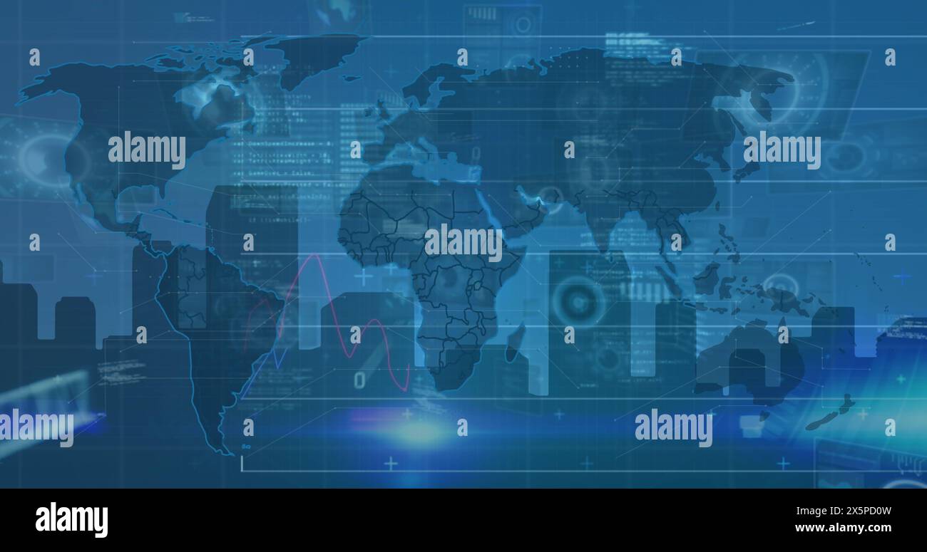 Image of digital interface and data processing over blue background ...