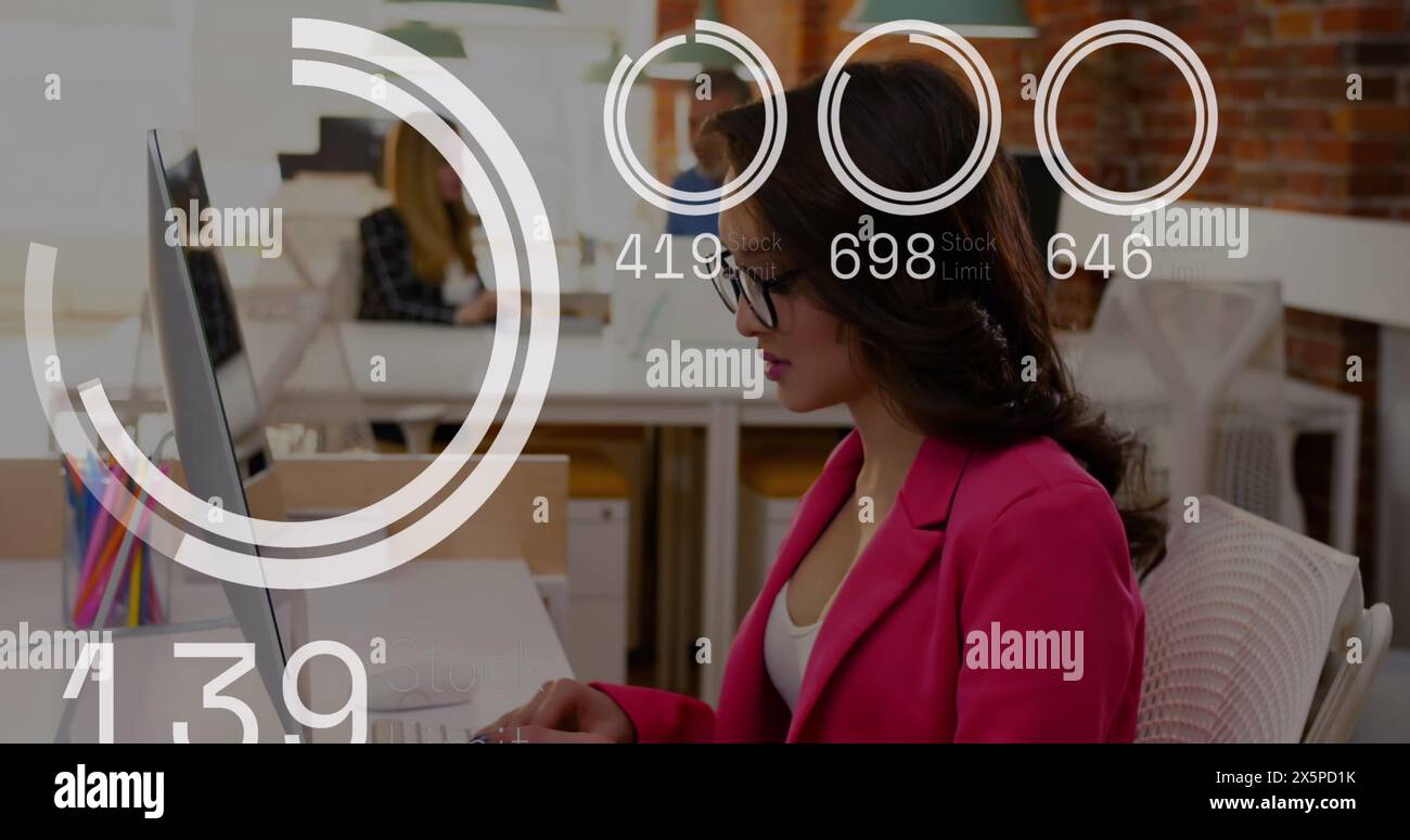 Image of numbers below circles over asian woman with eyeglasses using ...