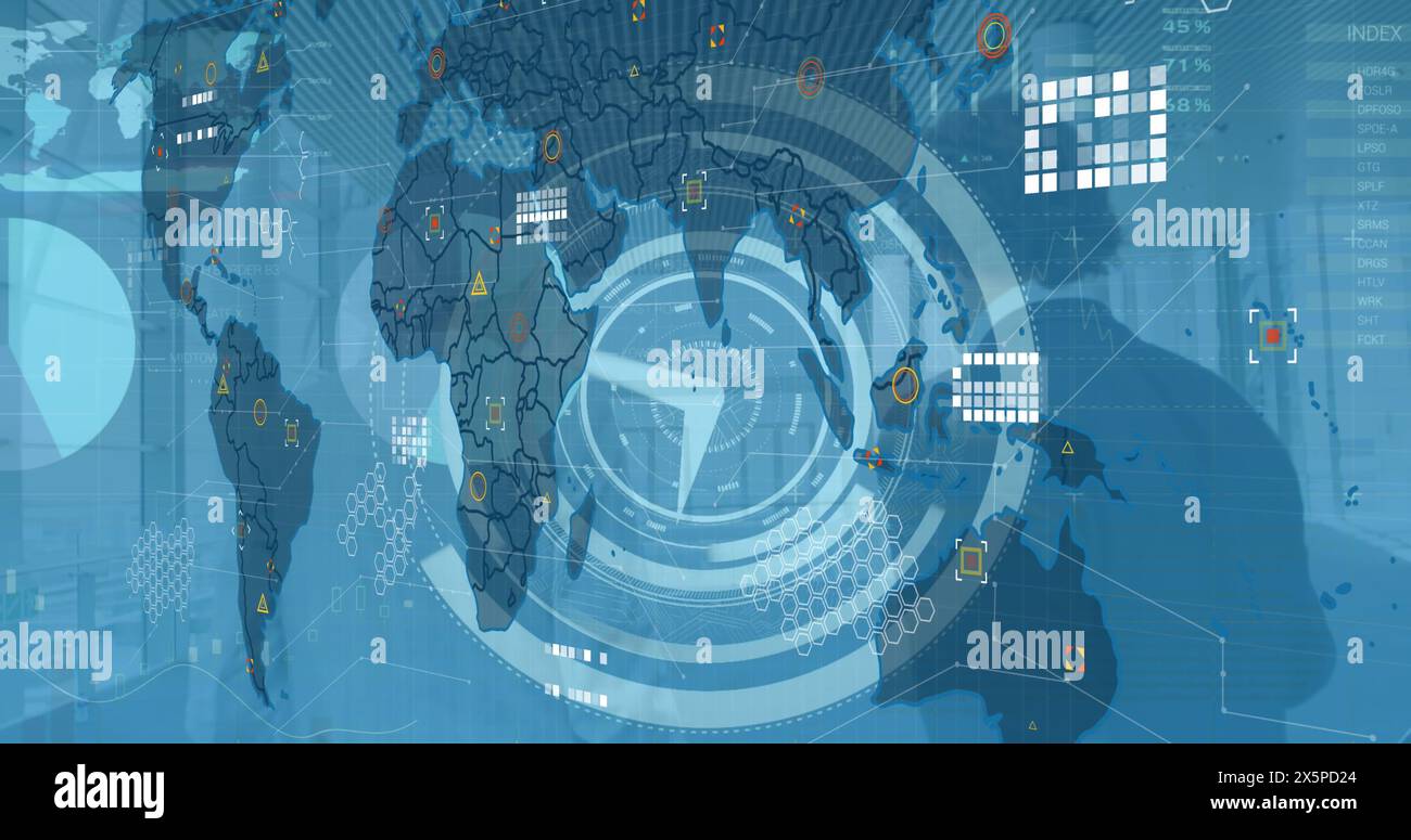 Image of digital interface and data processing over world map on blue background Stock Photo - Alamy