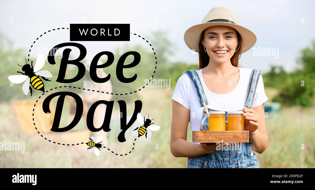 Banner for World Bee Day with beekeeper with honey at apiary Stock ...