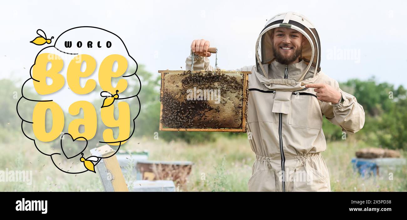 Banner for World Bee Day with beekeeper working at his apiary Stock ...