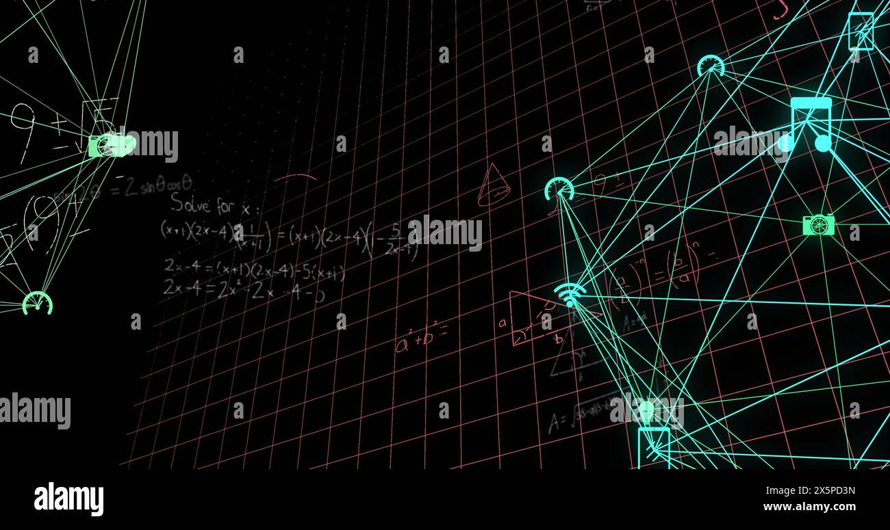 Image of mathematical equations over media icons Stock Photo - Alamy