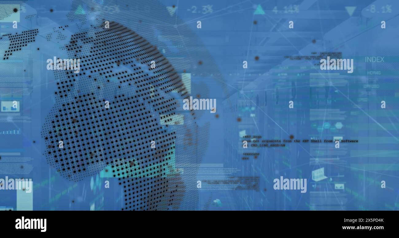 Image of digital interface and data processing over world map on blue background Stock Photo - Alamy