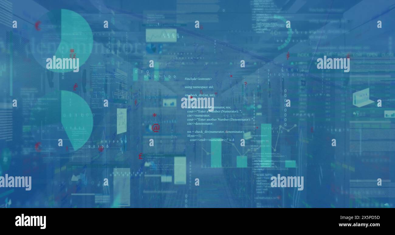 Image of digital interface and data processing over blue background ...