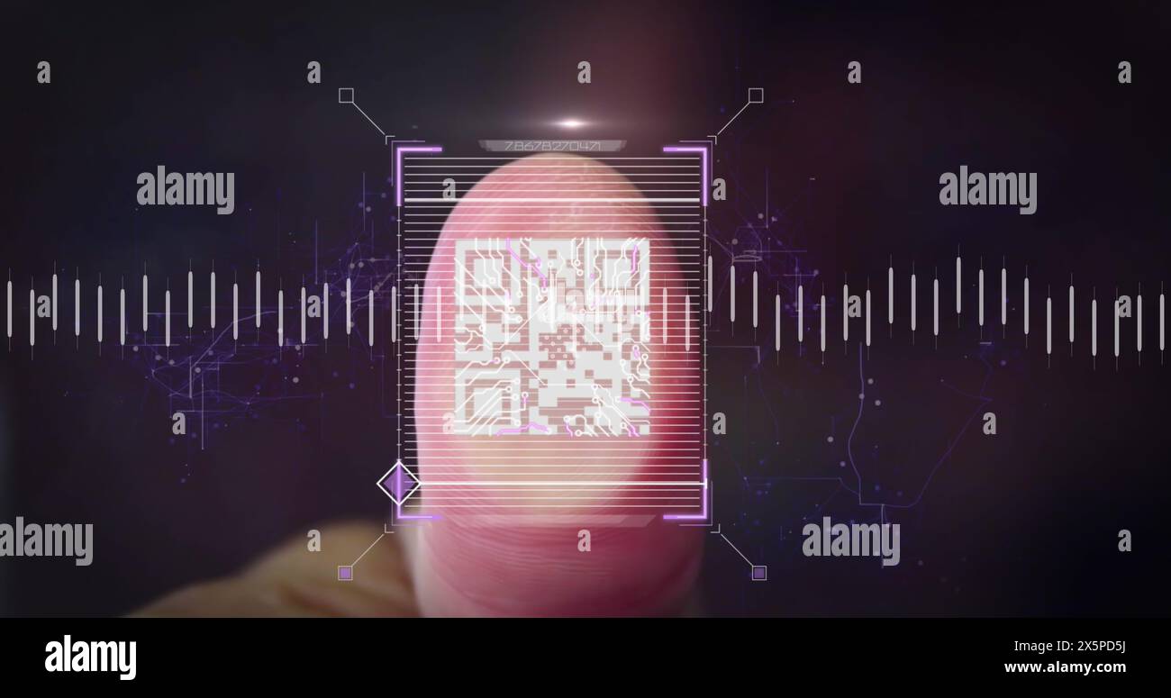 Image of qr code, graphs and fingerprint in digital dark space Stock ...