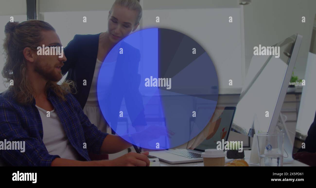 Image of blue pie chart over caucasian coworkers discussing over ...