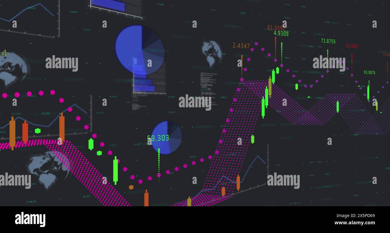 Image of multiple graphs, globes and numbers against black background ...