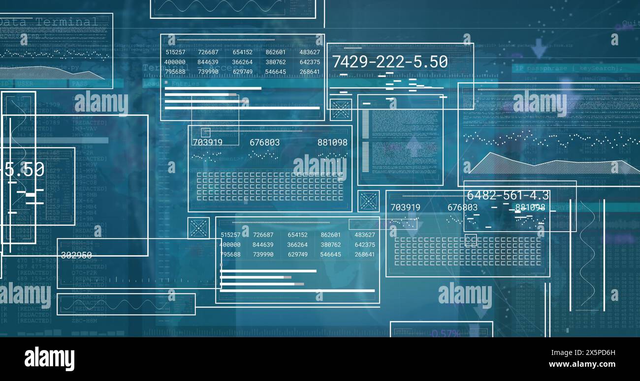 Image of digital interface and data processing over blue background ...