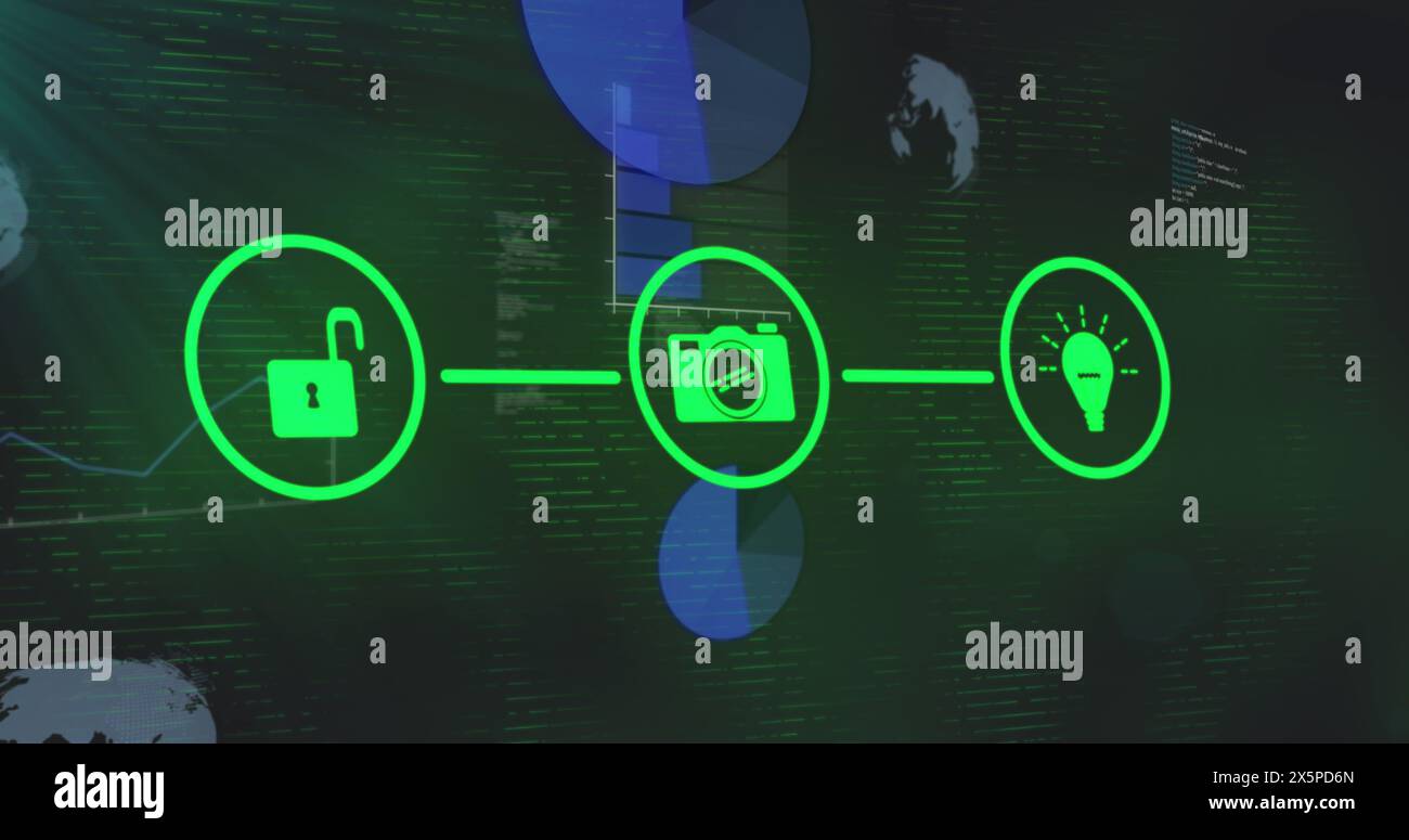 Image of tech icons over data processing on digital screen Stock Photo - Alamy