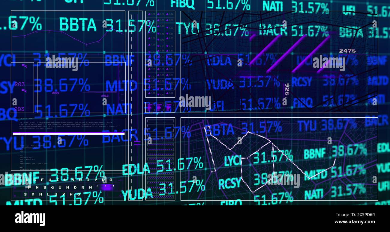 Image of blue and pale blue stock market data processing over a grid ...