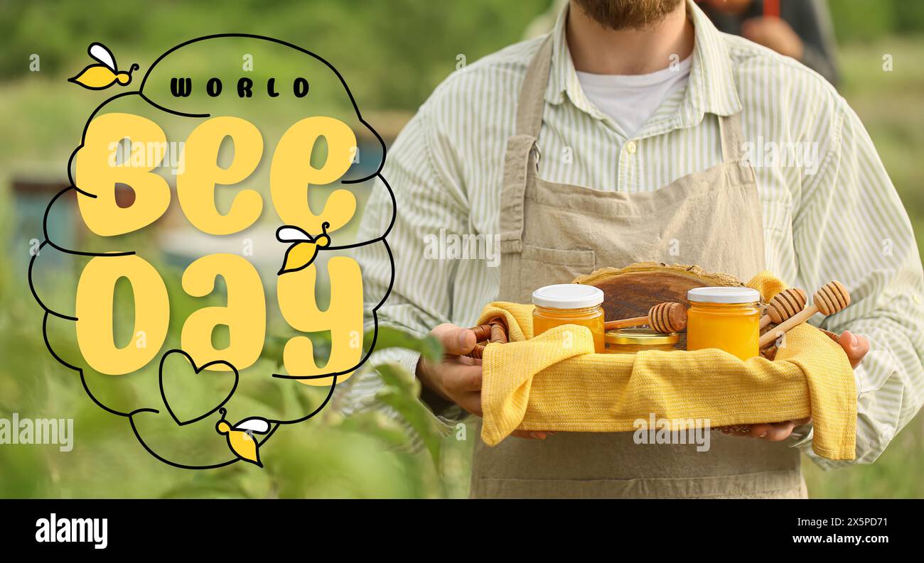 Banner for World Bee Day with beekeeper with honey at apiary Stock ...