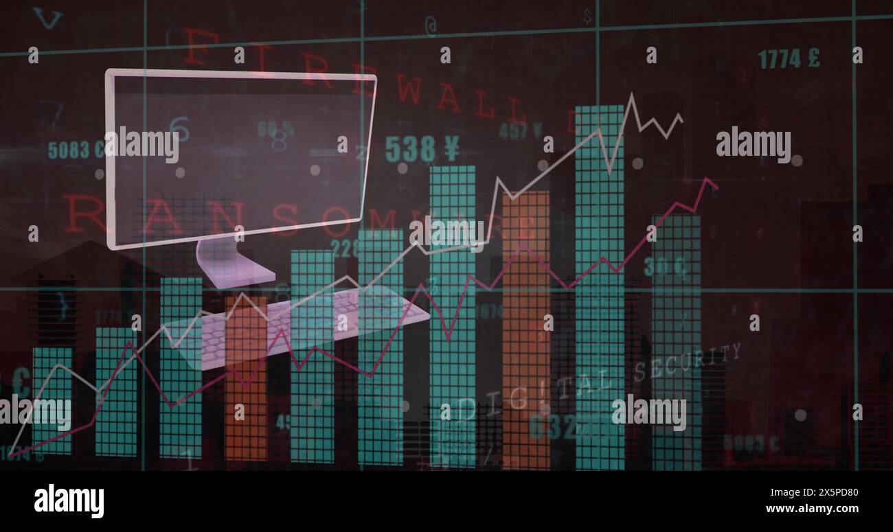 Screen shows graphs, numbers on a digital stock market backdrop Stock ...
